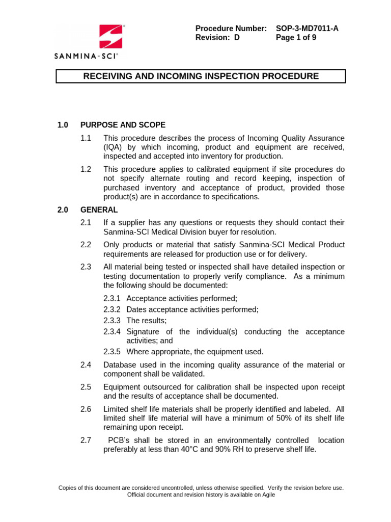 SOP-3-MD7011-A - Receiving and Incoming Inspection (Release) | PDF ...
