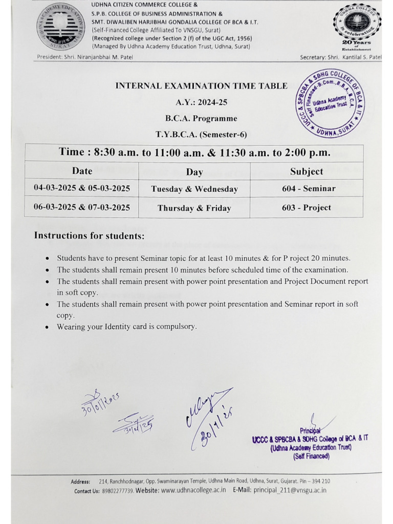 Tybca Proj Seminar Int Exam Time Table | PDF