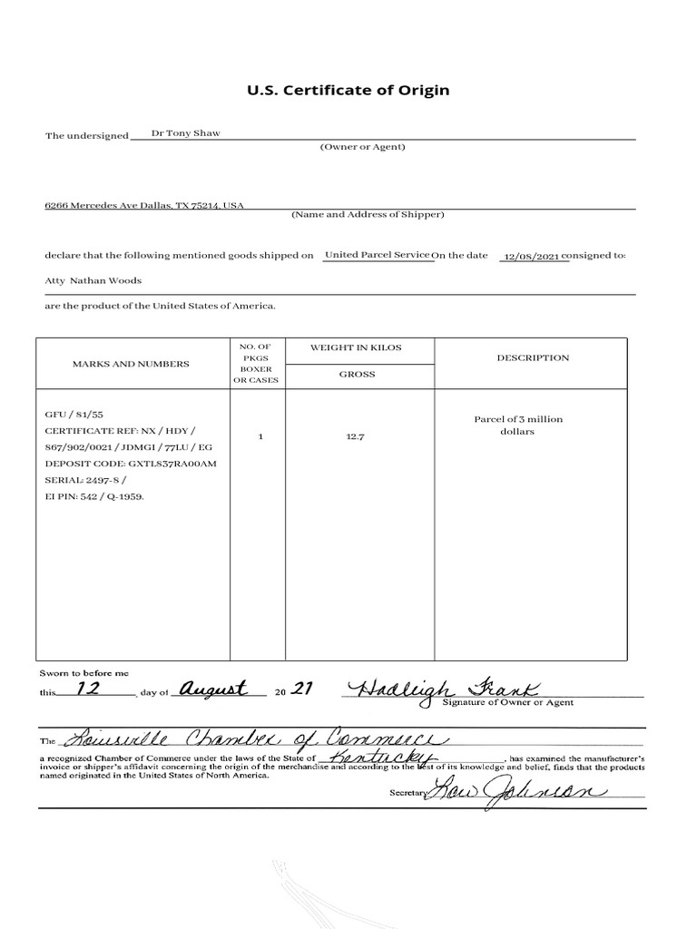 U.S. Certificate of Origin Document | PDF
