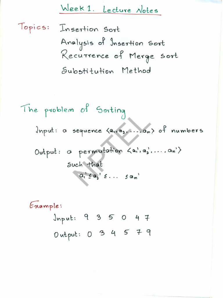 Insertion Sort Lecture Notes in Handwritten Lecture Notes_watermarks | PDF