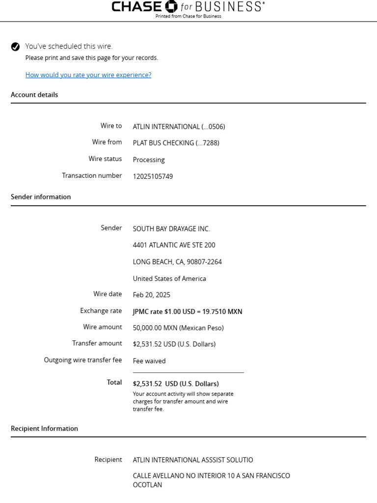 ATLIN Schedule Wire - Chase.com-1 | PDF | Mexican Peso | Money