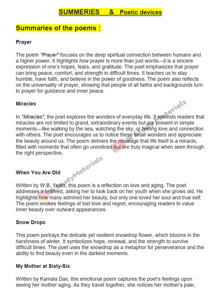 10th English Poems (Summaries & Poetic Device) | PDF | Poetry | Love