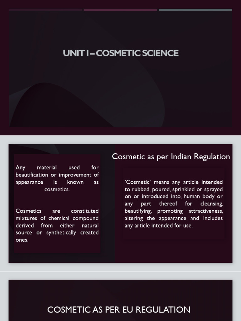UNIT I - Cosmetic Science, Evolution | PDF | Skin | Cosmetics