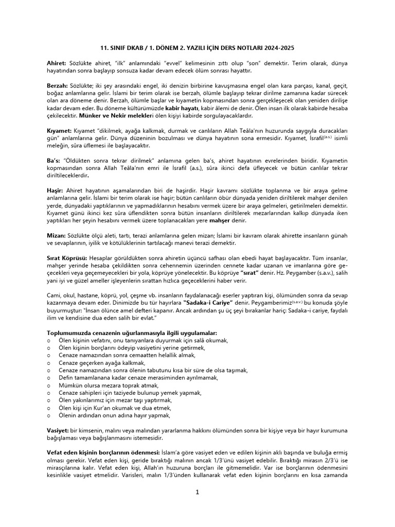 Sinif Dkab Ders Notlari 1. Dönem 2. Yazili Sinavi | PDF
