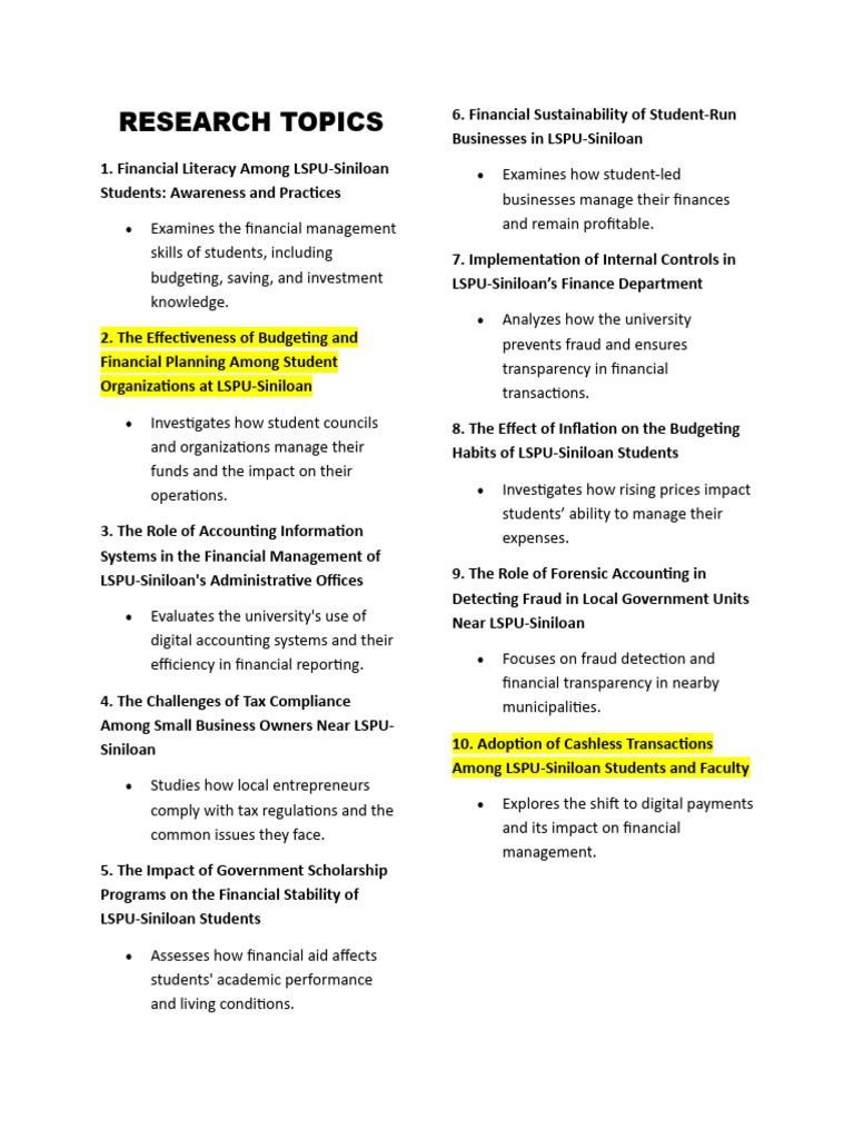 RESEARCH TOPICS | PDF | Accounting | Internal Control