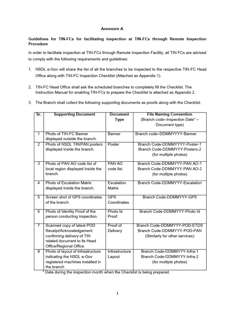Annexure A_Guidelines for TIN-FCs for facilitating inspection at TIN-FCs through Remote ...