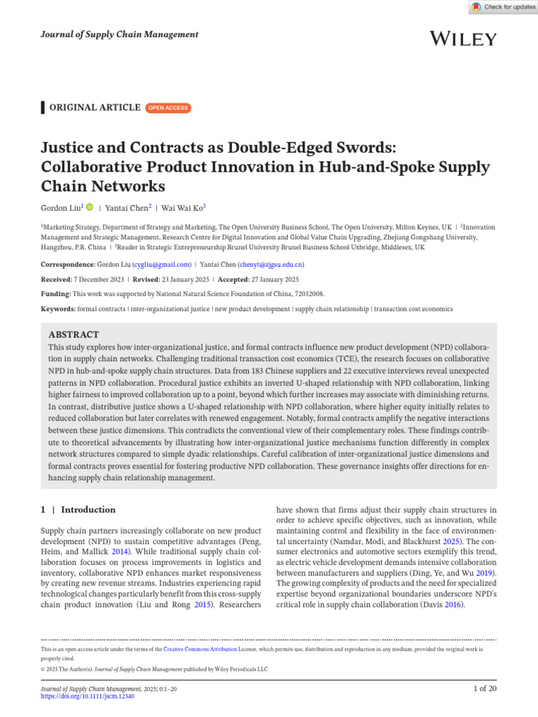 J Supply Chain Manag - 2025 - Liu - Justice and Contracts As Double Edged Swords Collaborative ...
