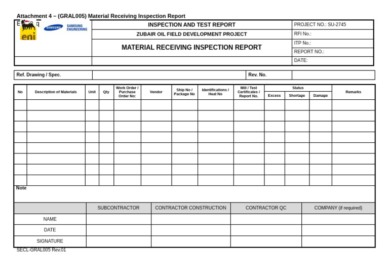 Attachment 4 - (SECL-GRAL005) Material Receiving Inspection Report Rev ...
