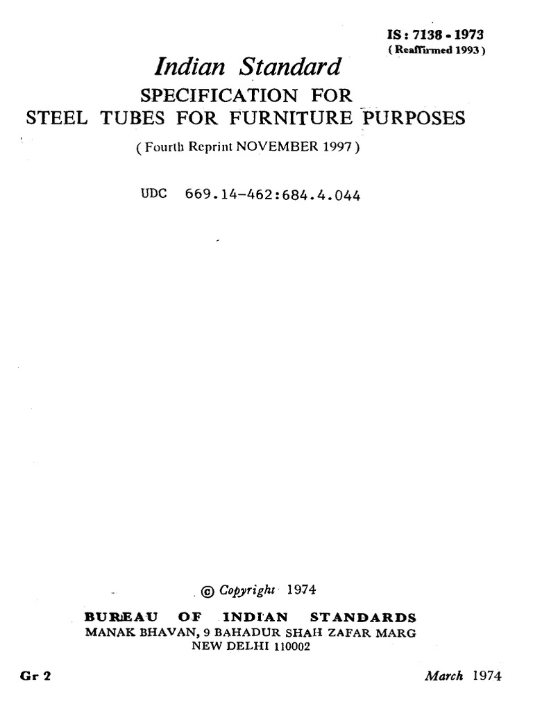 Indian Standard: Specification For Steel Tubes For Furniture Purposes ...