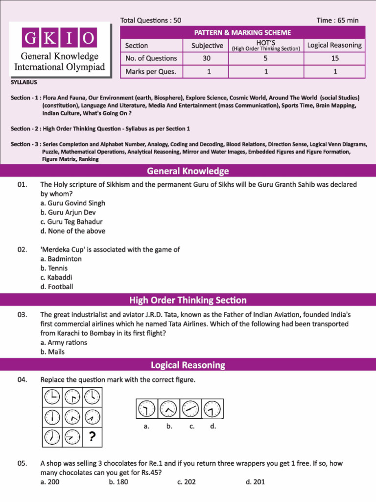 GKIO Class 8 Sample Paper | PDF