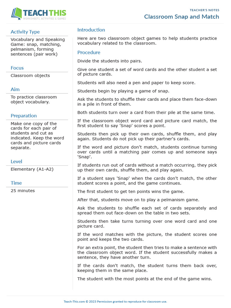 Classroom Snap Vocabulary Games | PDF | Classroom | Linguistics