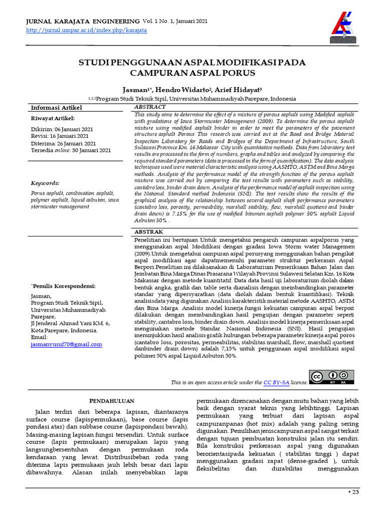 Studi Penggunaan Aspal Modifikasi Pada Campuran Aspal Porus | PDF