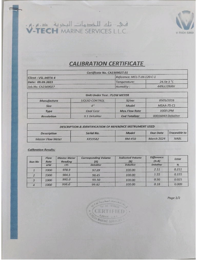 Flow Metre Calibration Certificate | PDF