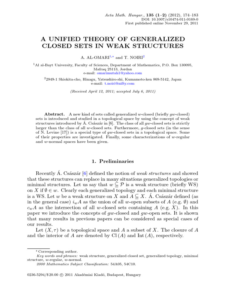 A Unified Theory of Generalized Closed Sets in Weak Structures | PDF ...