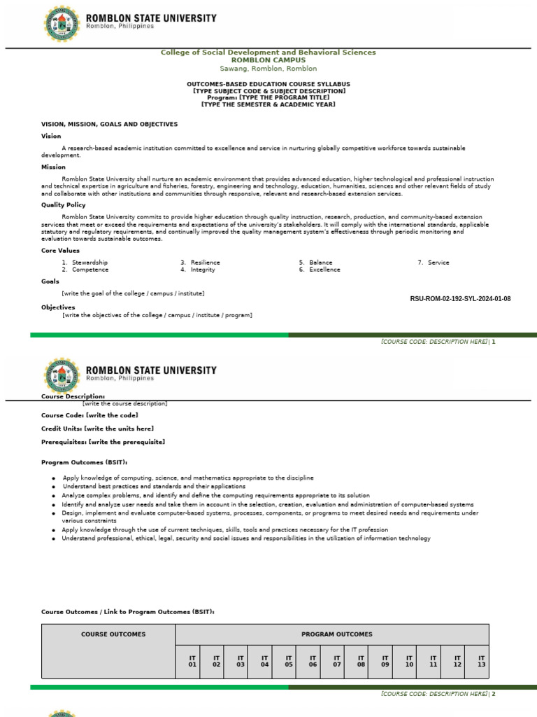 Outcomes-Based Education Syllabus Sample | PDF | Academic Dishonesty ...