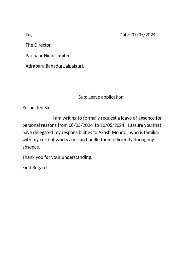 Leave Application for Personal Reasons | PDF