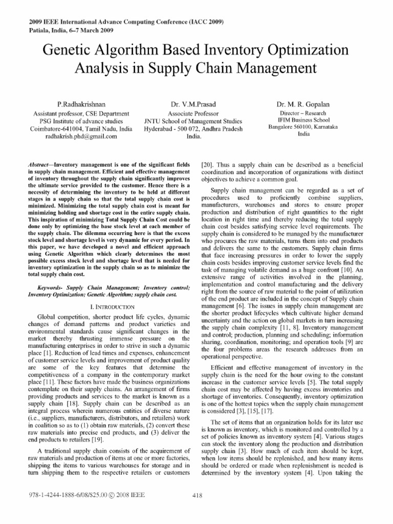 Genetic Algorithm Based Inventory Optimization Analysis in Supply Chain Management | PDF ...