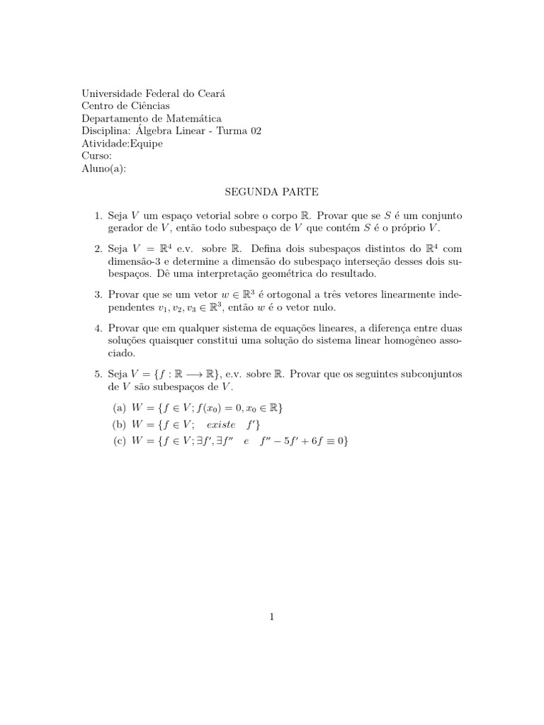 Exercícios de Álgebra Linear e Subespaços | PDF