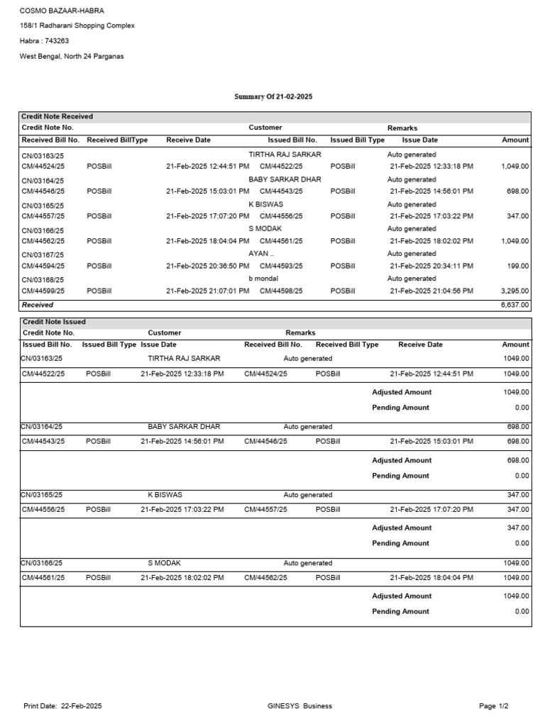 Credit Note Summary Report | PDF