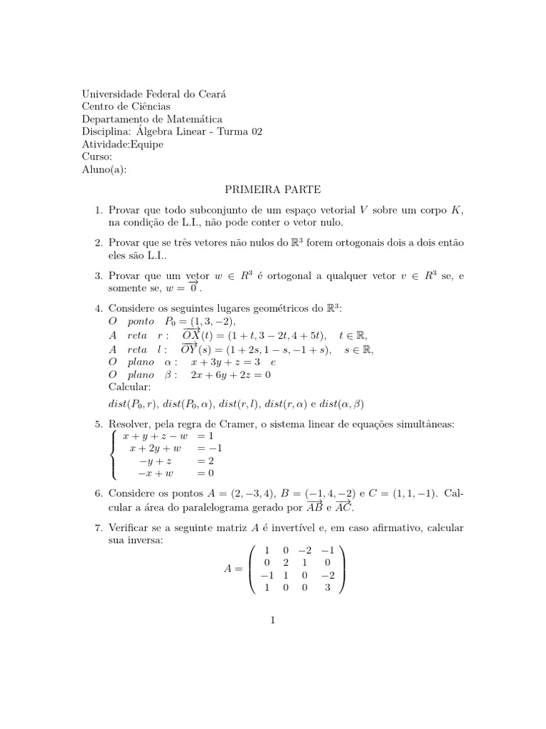 Exercícios de Álgebra Linear e Provas | PDF