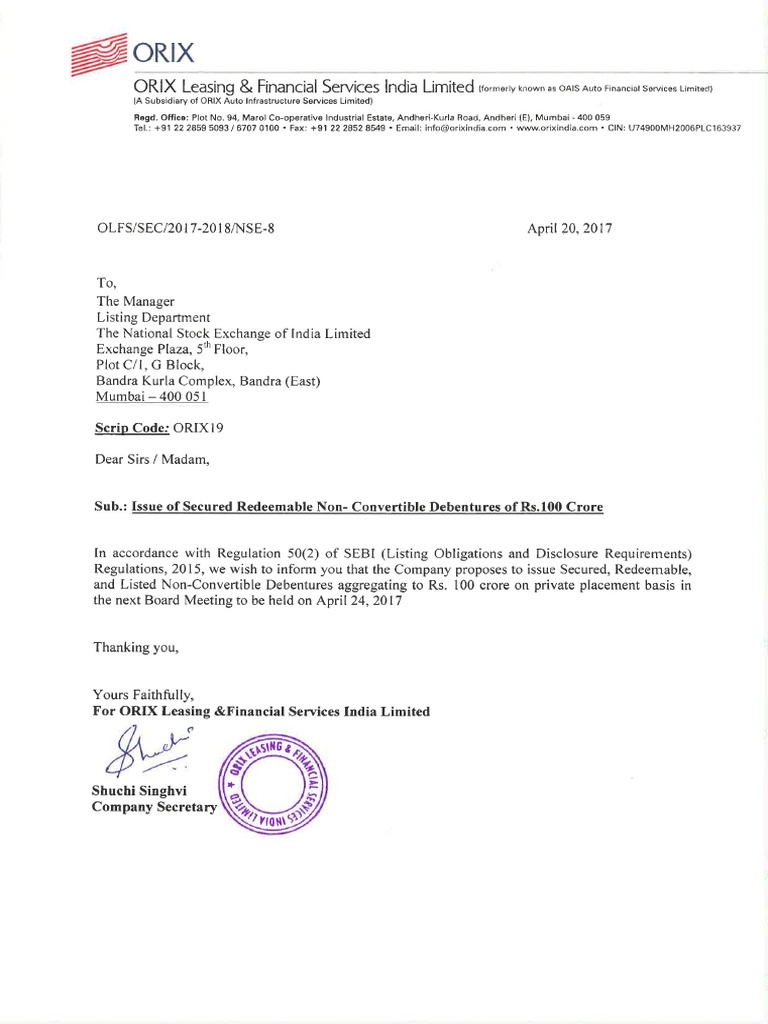 Letter For Futher Issue of New NCD - Regulation 50 - 26042017 | PDF