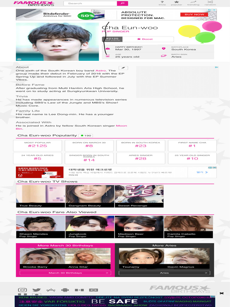 Cha Eun-woo - Age, Family, Bio Famous Birthdays | PDF | Pop Music | Musicians