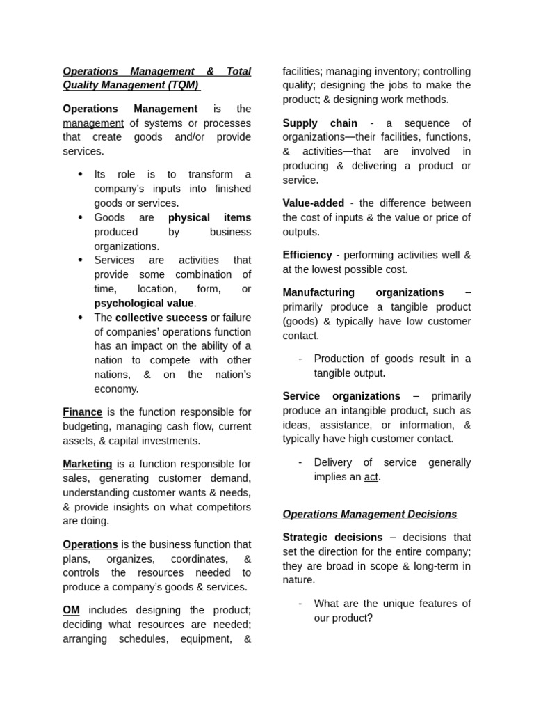 Operations Management & TQM Overview | PDF | Operations Management ...