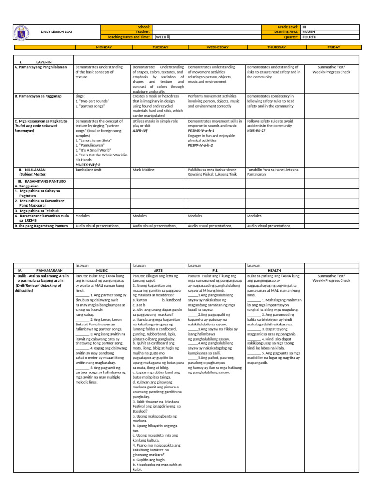 DLL - Mapeh 3 - Q4 - W8 | PDF