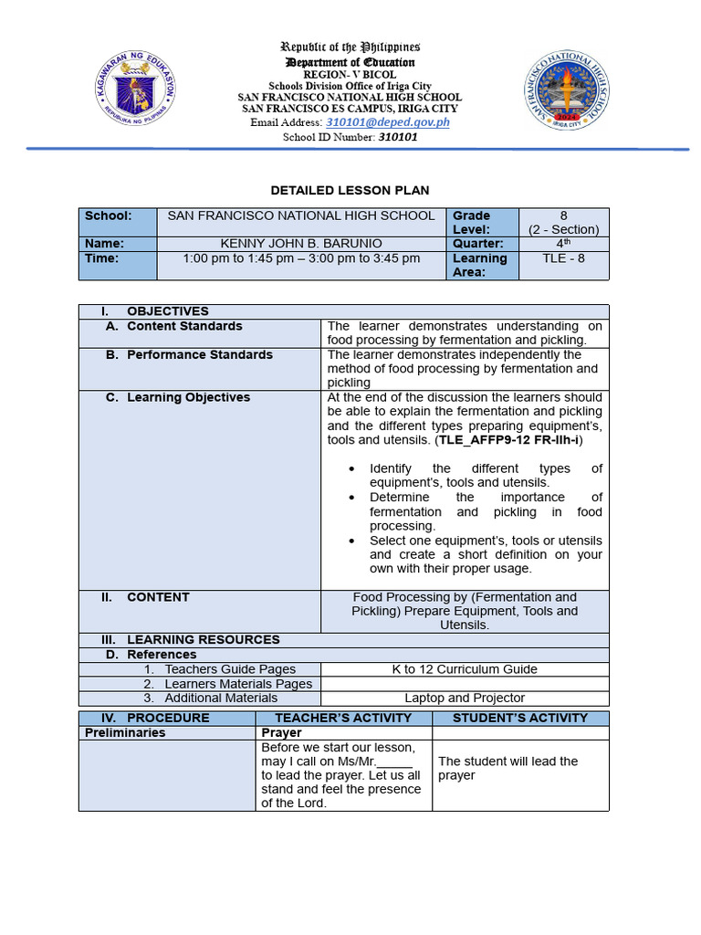 DLP IN TLE 8 | PDF | Food Preservation | Kitchen Utensil