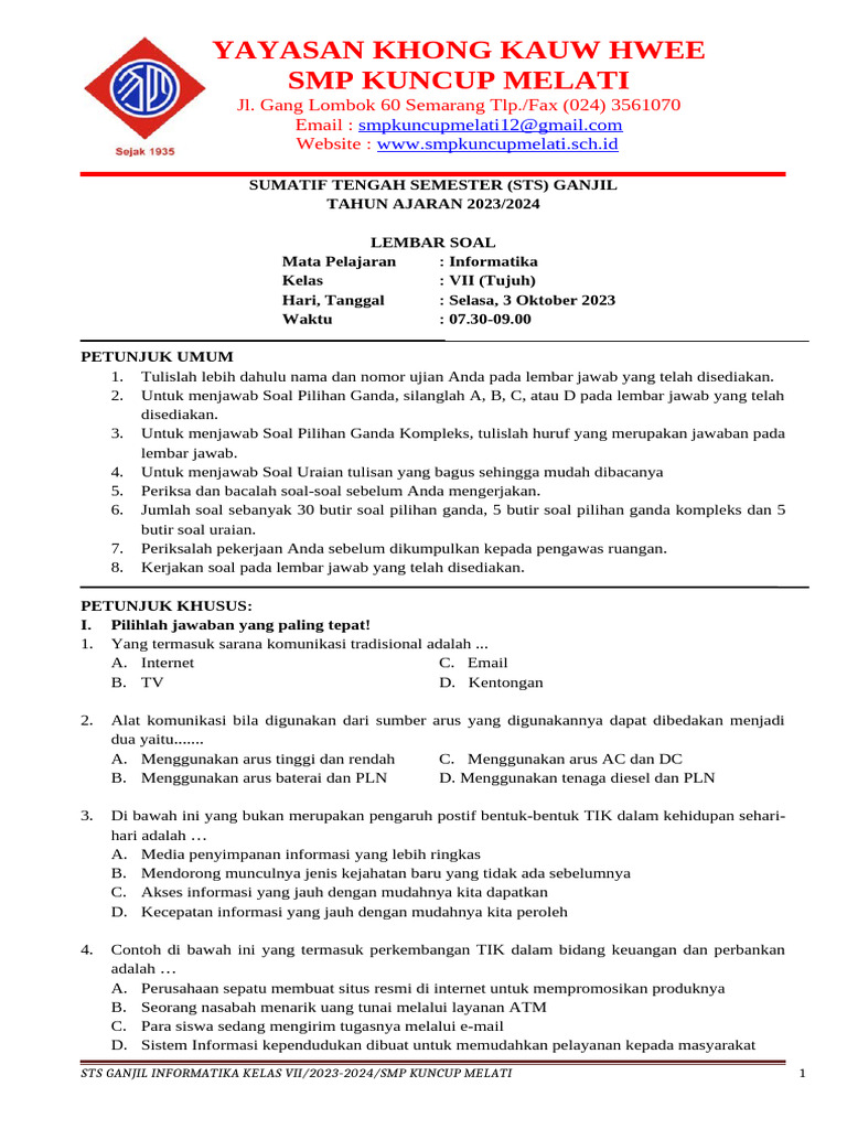 7 Soal Pts Ganjil Informatika2023-2024 | PDF
