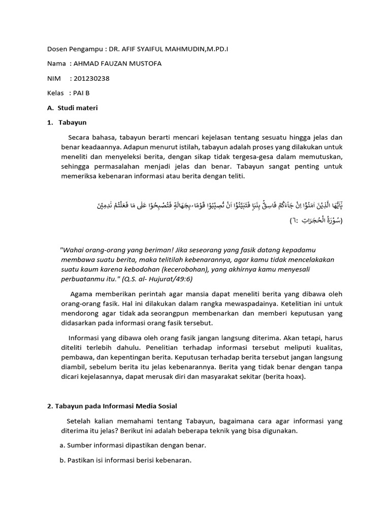 STUDI MATERI PAI B TABAYUN | PDF