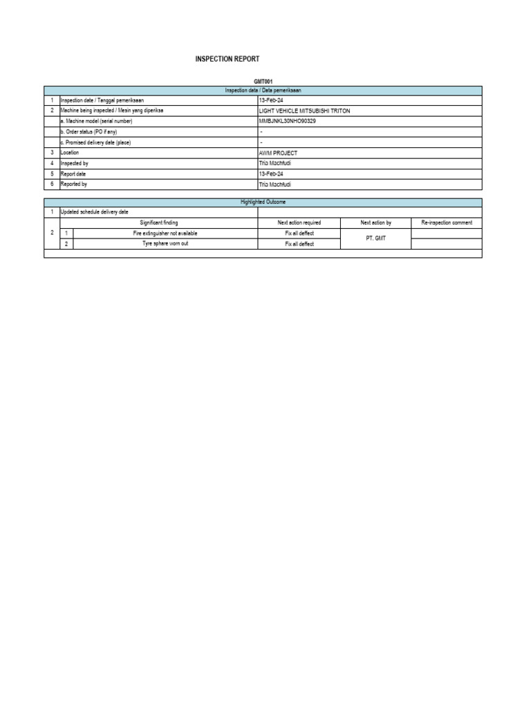 INSPECTION REPORT LIGHT VEHICLE 001 PT. GMT | PDF