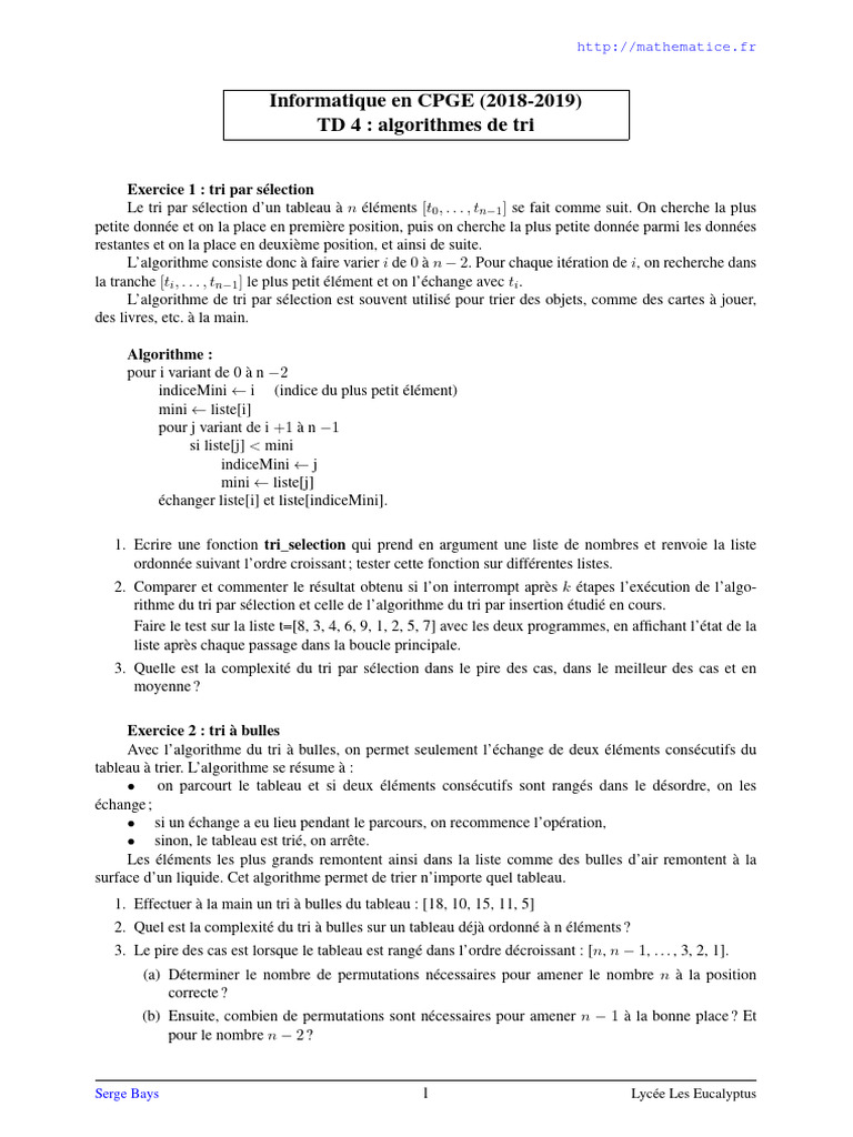 Algorithmes de tri : sélection et bulles | PDF | Mathématiques ...