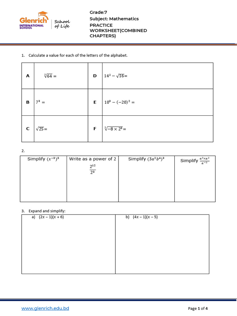 G7 - MTH - Practice WS - Combined Chapters | PDF | Subtraction | Equations