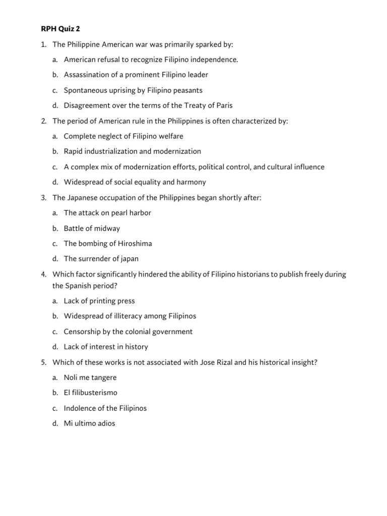 01_RPH_Quiz2 | PDF | Philippines | Empire Of Japan