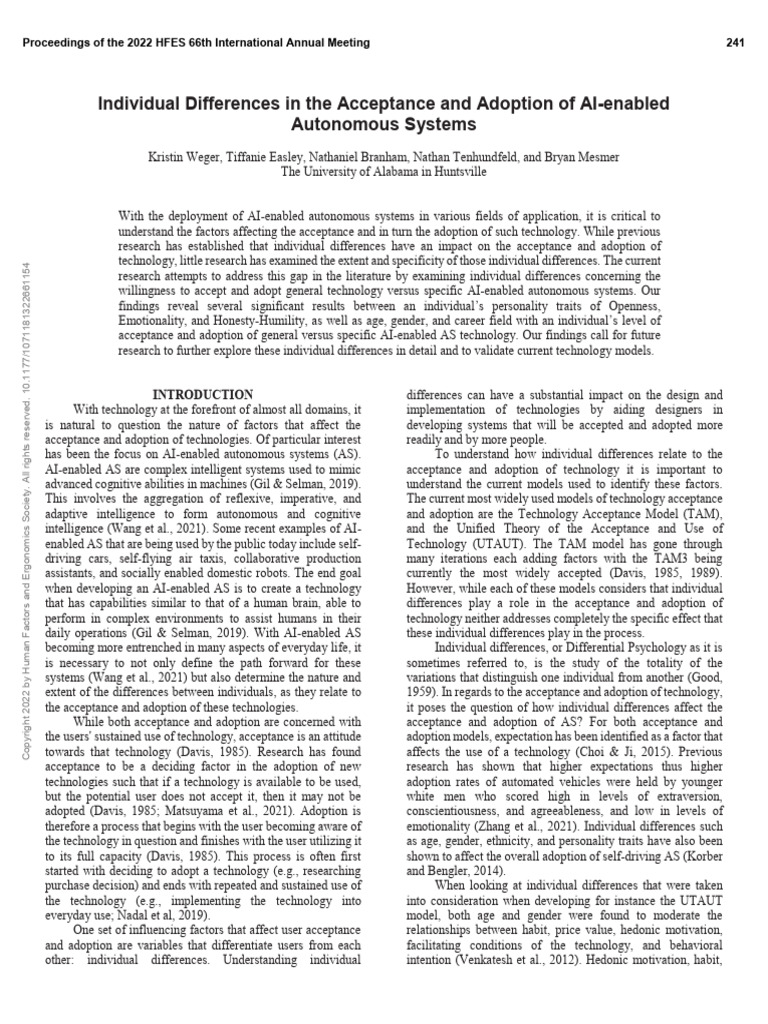 1 Individual Differences in the Acceptance and Adoption of AI-Enabled Autonomous Systems | PDF ...