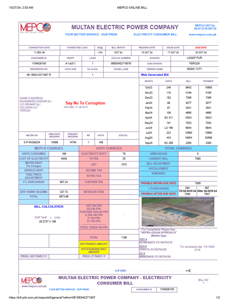 Mepco Online Bill | PDF | Taxes | Services (Economics)