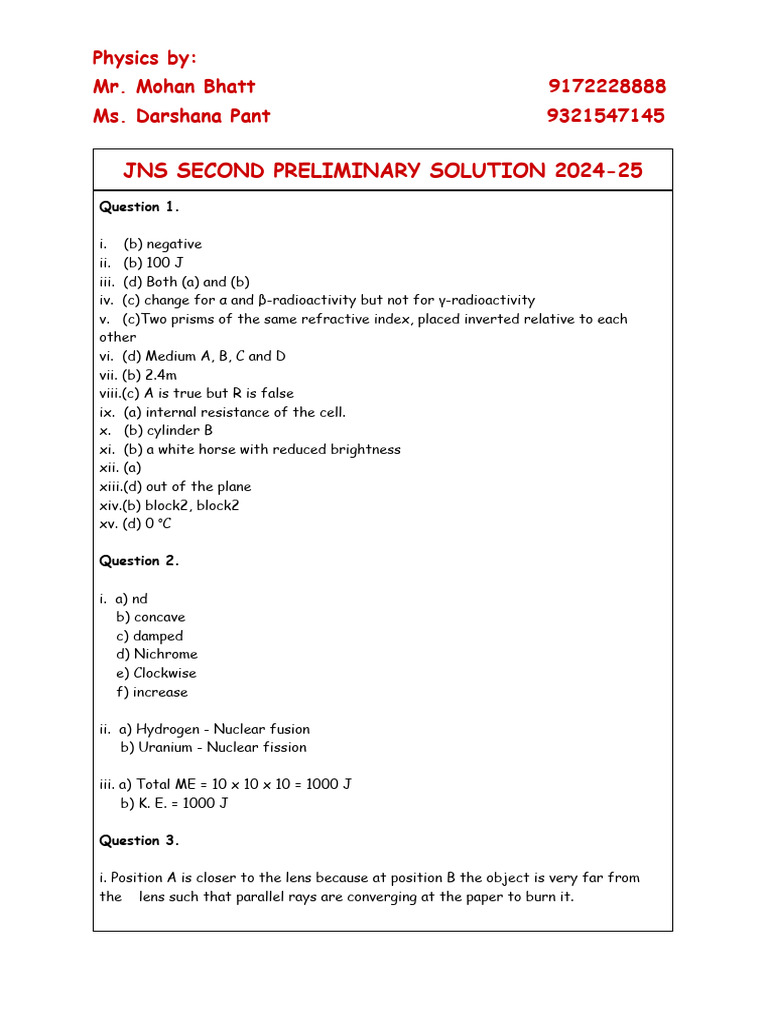JNS Physics Second Prelim Solution | PDF | Gamma Ray | Scattering