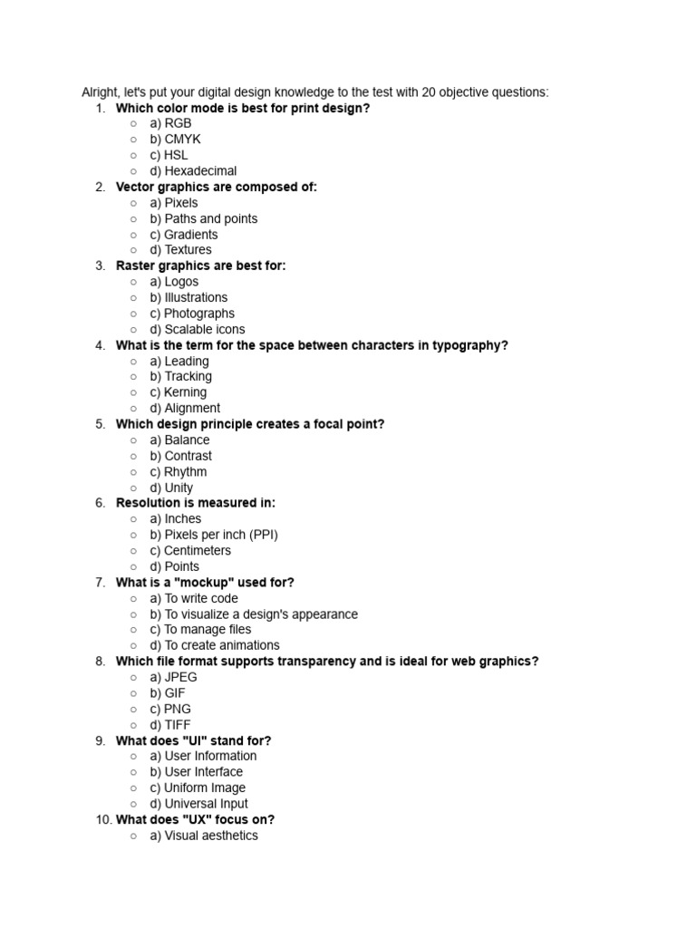 Digital Design Quiz: 20 Questions | PDF | Graphics | Adobe Photoshop