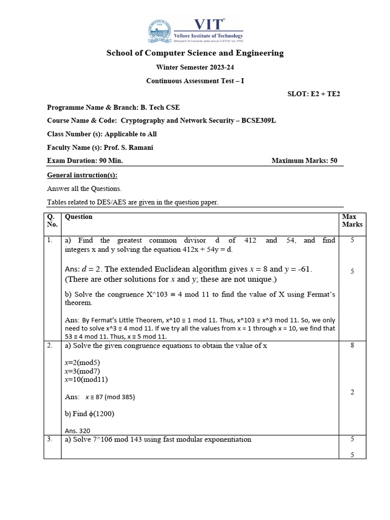 Winsem2023-24 Bcse309l TH VL2023240500755 Cat-1-Qp - Key | PDF | Mathematics | Cryptography