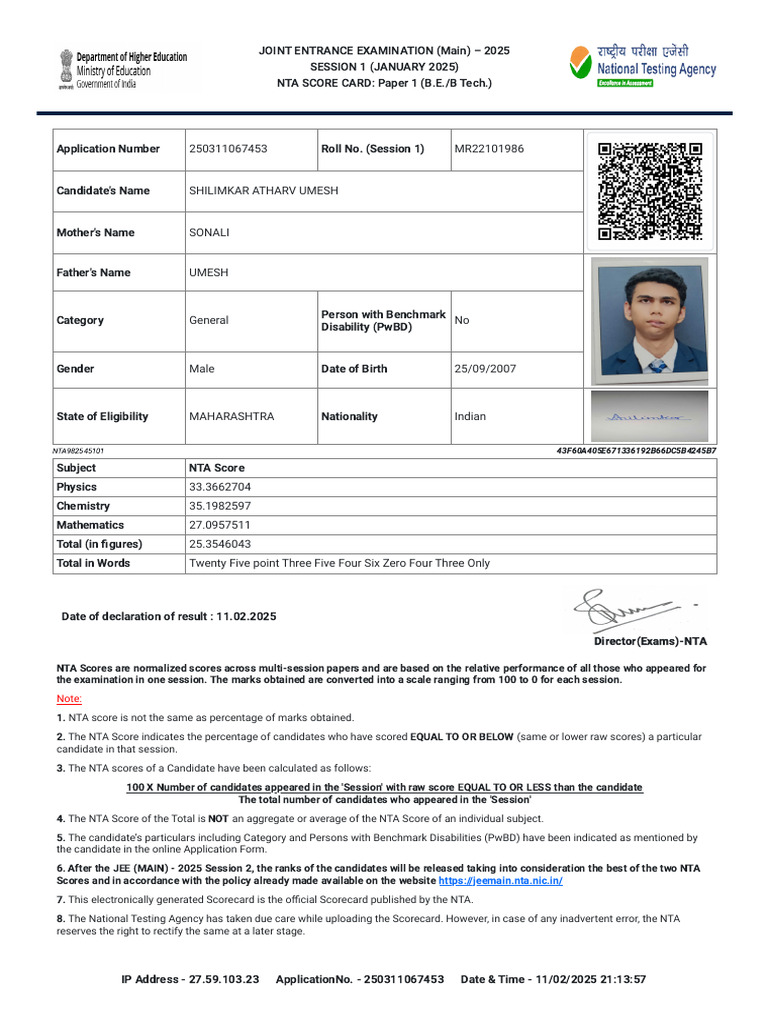 JEE Main 2025 Scorecard Details | PDF | Qualifications | Tests