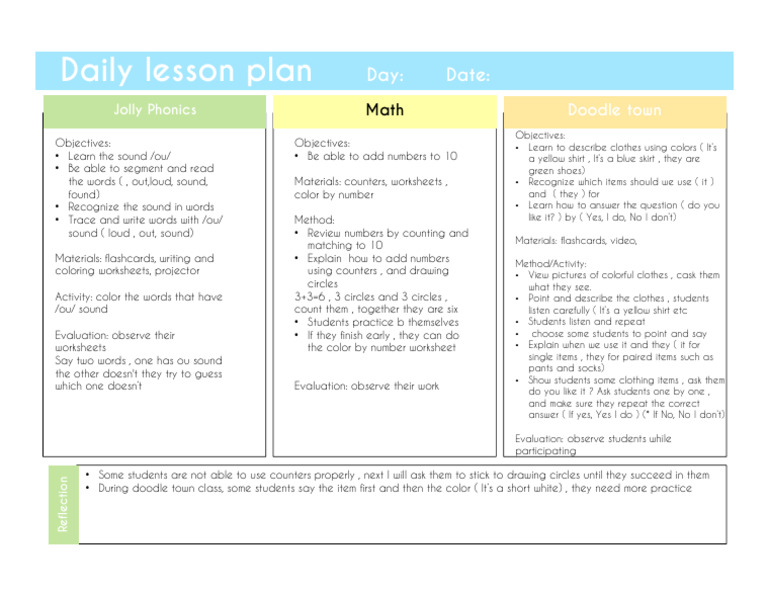 Daily Lesson Plan: Phonics & Math Activities | PDF | Learning