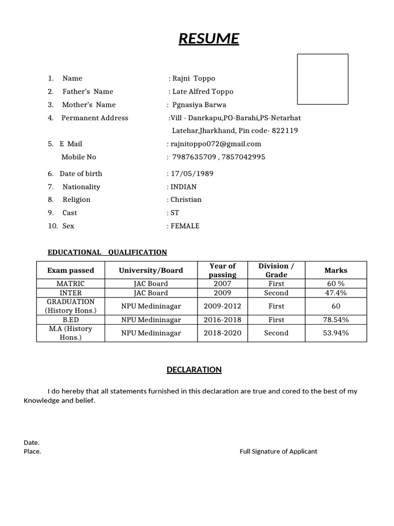 Resume Normal 3 Rajni Toppo | PDF