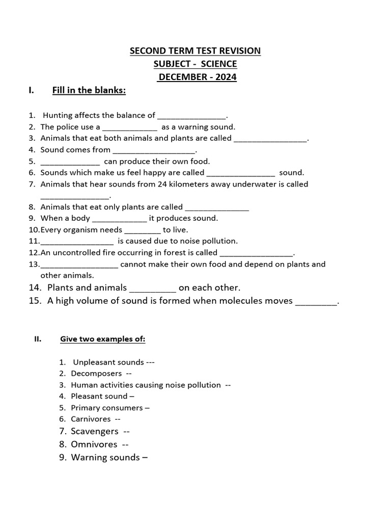 Second Term Test Revision Subject - Science DECEMBER - 2024 I. Fill in ...
