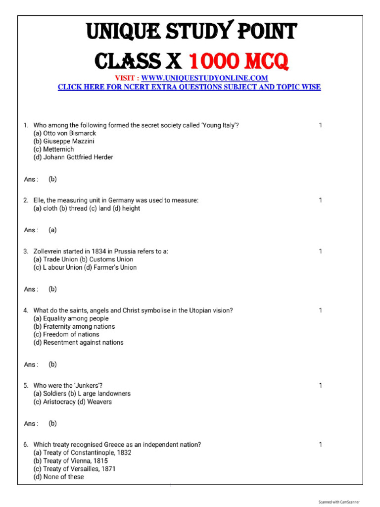 SST 1000 MCQ Class X Unique Study Point | PDF