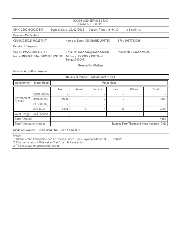GST Payment Receipt for IndithermA | PDF