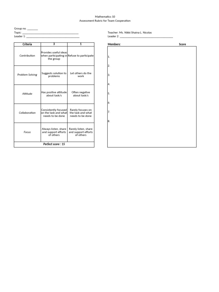 Mathematics 10 Group Assessment Rubrics | PDF | Intelligence ...
