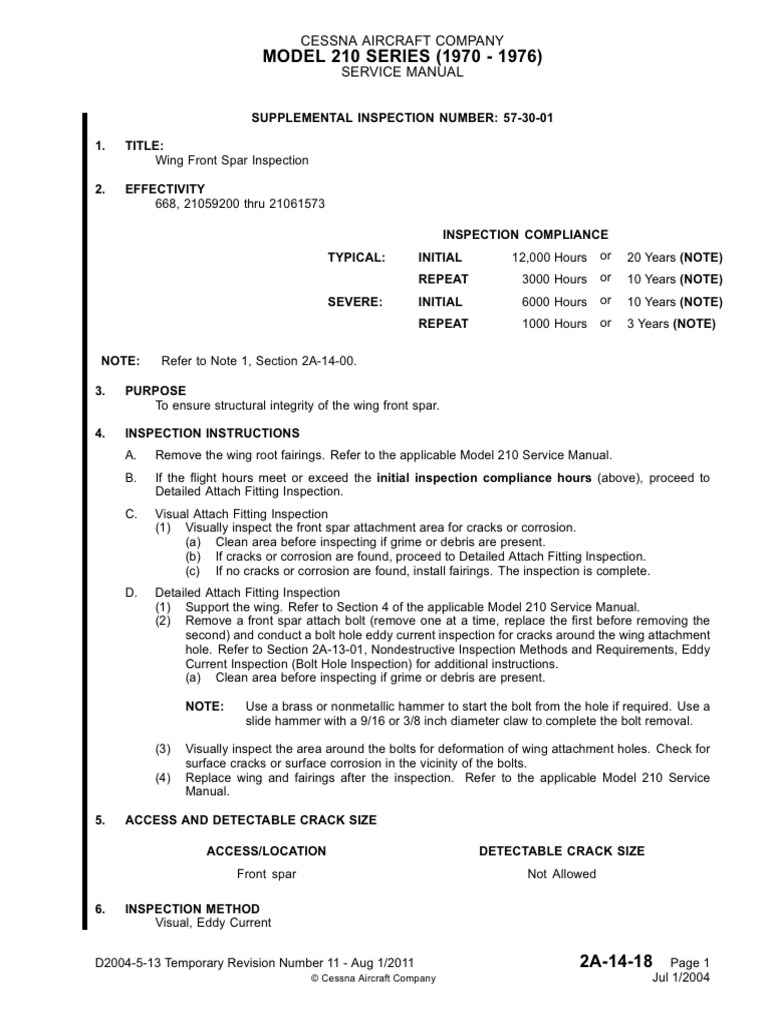 Supplemental Inspection Number 57-30-01 Wing Front Spar Inspection ...