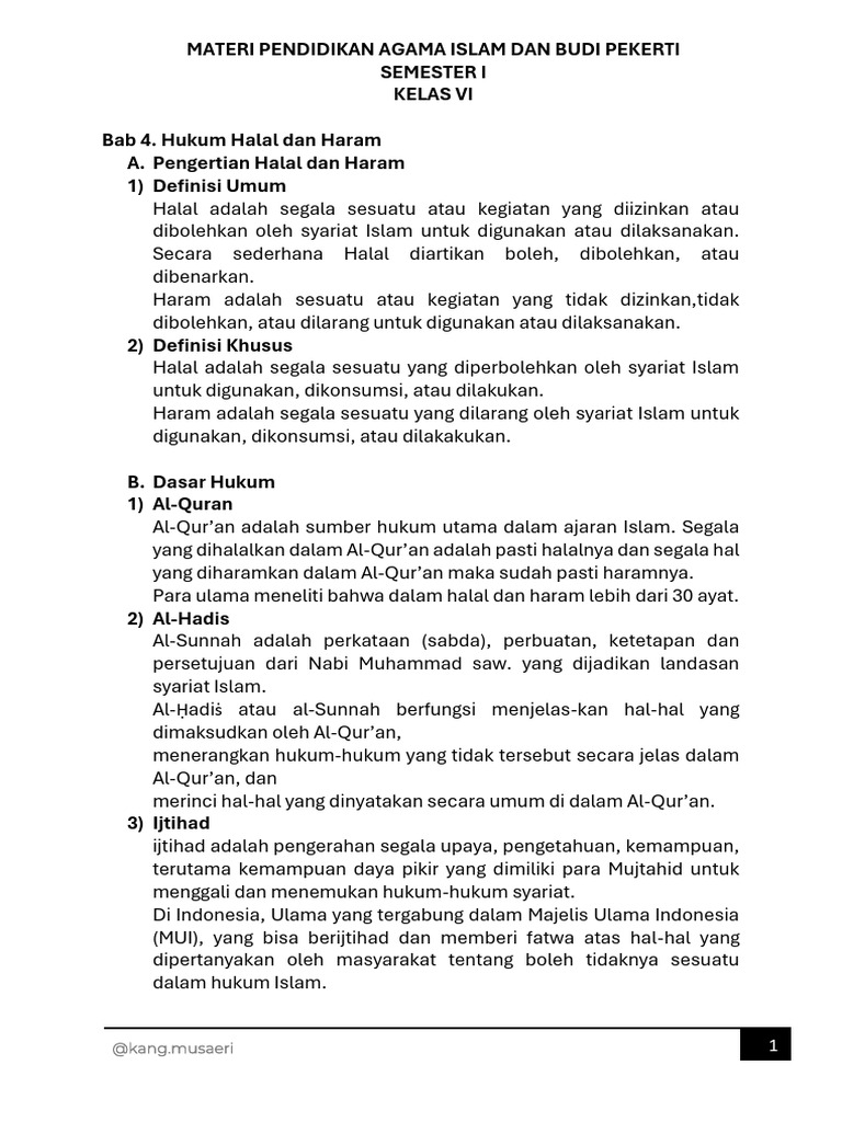 Materi PAI & BP Kelas VI Bab 4. Hukum Halal Dan Haram | PDF