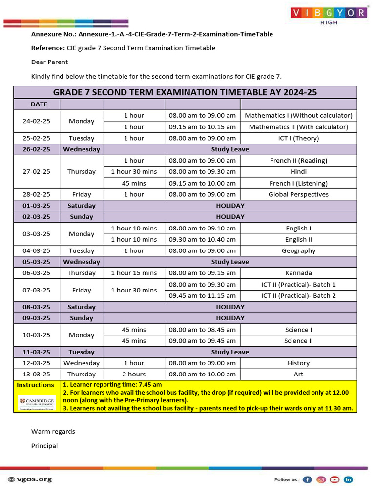 annexure-1.-a.-4-cie-grade-7-term-2-examination-timetable | PDF